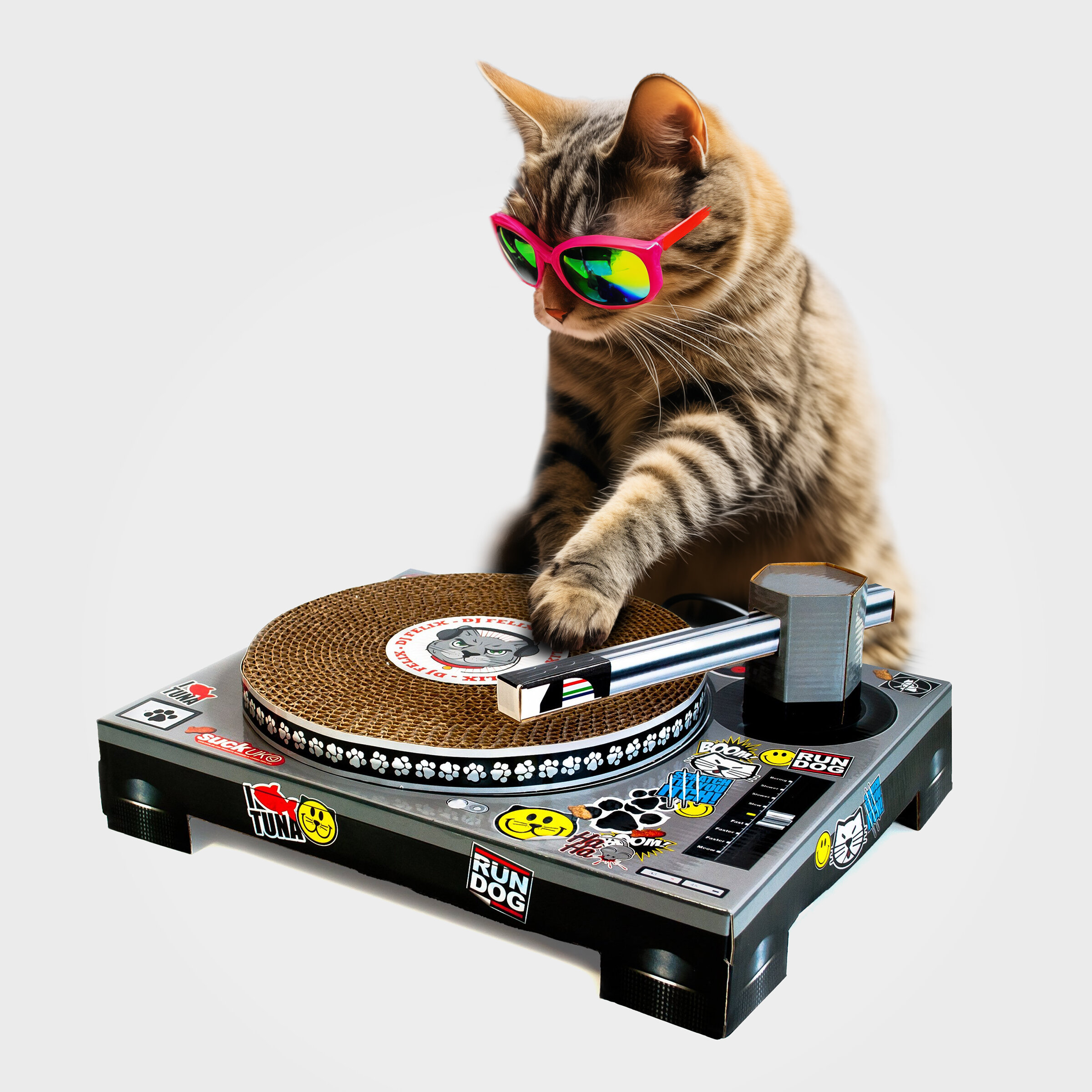 Cat Scratch Turntable : Cardboard DJ turntable scratching cat toy.