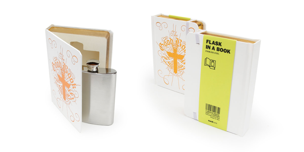 Flask In A Book : Stash your drink inside the Good Book.